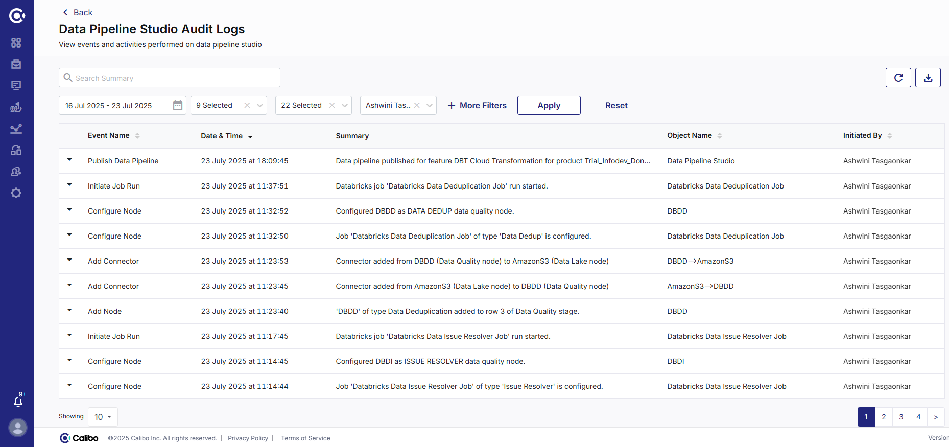 Audit Logs in Data Pipeline Studio